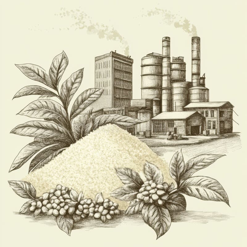 Illustration of Sugar Cane Processing with Plants and Factory Buildings ...