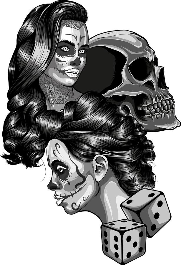 Monochromatic Illustration of Sugar Woman Skull Design Stock Vector ...