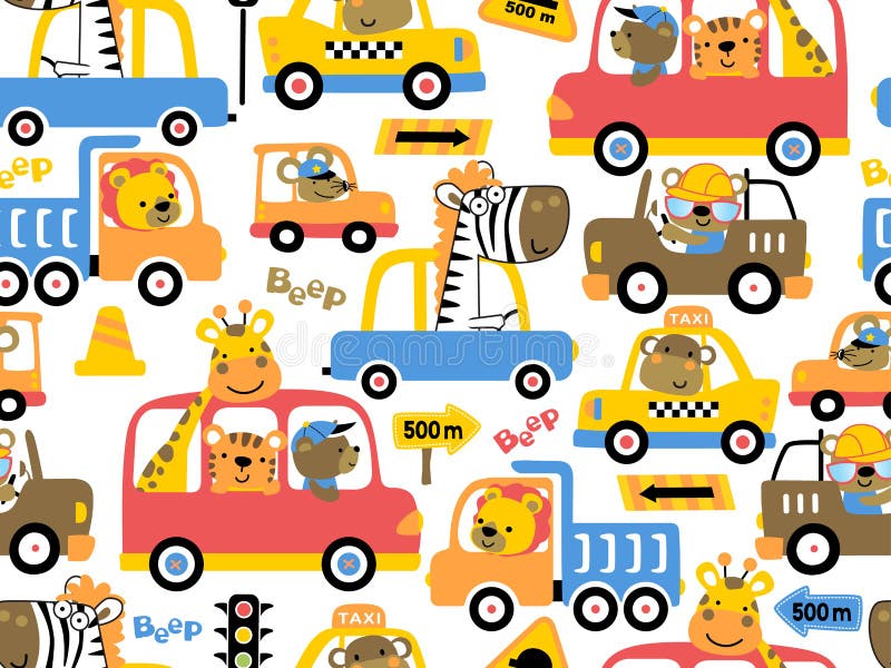Seamless Pattern Vector of Vehicles Cartoon with Funny Animals Driver ...