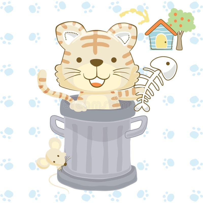 Vector Cartoon of Cat and Mouse in Trash Can, Little House with Tree on ...