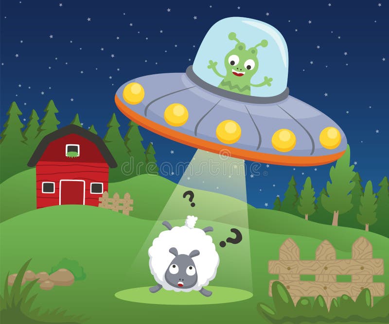 Vector Illustration of Cartoon Alien in UFO Kidnapped a Sheep in Farm ...