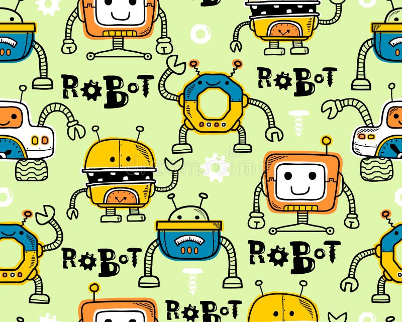 Seamless Pattern Vector of Hand Drawn Robots Cartoon with Nuts and ...