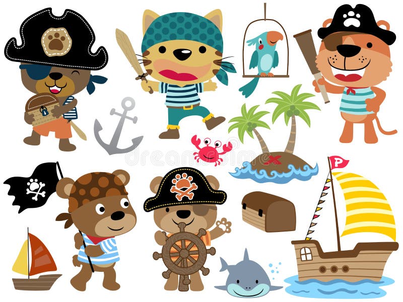 Funny Animals Pirate Cartoon Collection Set. Pirate Element Cartoon ...