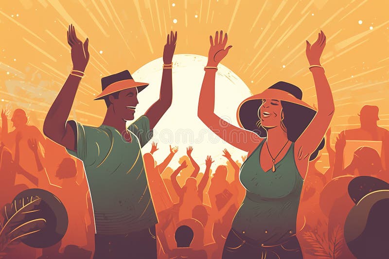 Illustration Of Summer Music Festival Concert Scene Capturing A Couple