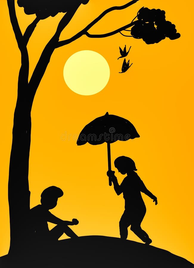 Illustration of Summer Weather, with Silhouette Man, Umbrella, and Tree ...