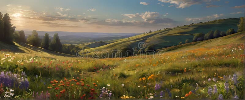 Illustration of a Sun-drenched Spring Meadow with Hills. Stock ...