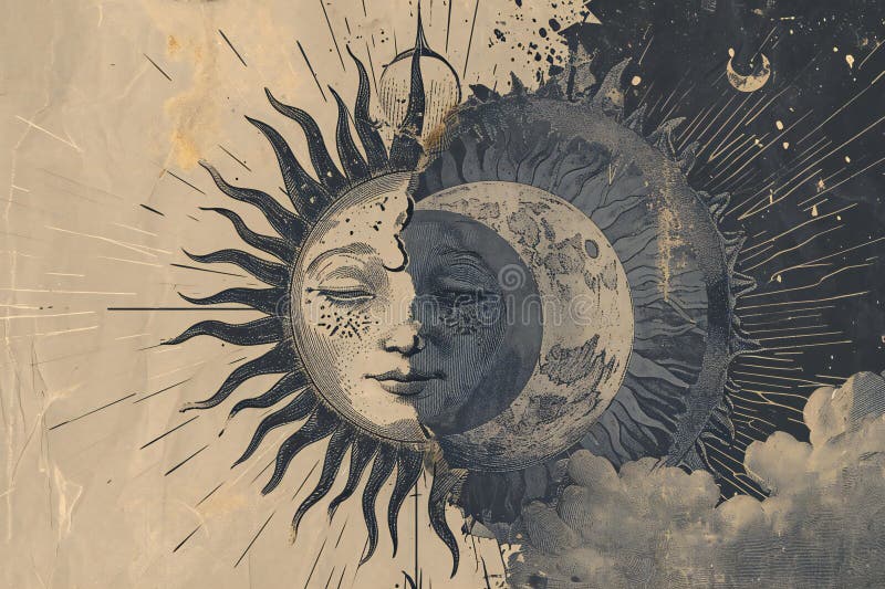 Sun and Moon on the Old Paper Background, Vintage Style, Retro Stock ...