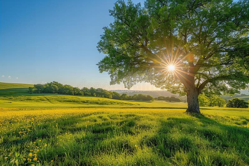 Sun Shining Behind Trees in Field Under a Field, High Quality, High ...