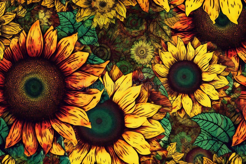 Sunflowers on a Colored Background, Abstract Pattern, Close Up Stock ...