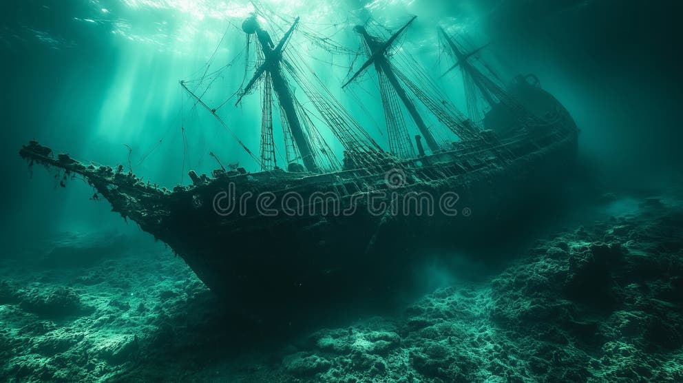Illustration, a Sunken Sailing Ship on the Seabed Stock Photo - Image ...