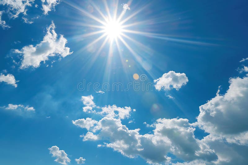 Sunny Blue Sky Background with Tiny Clouds and Bright Sunbeams Stock ...