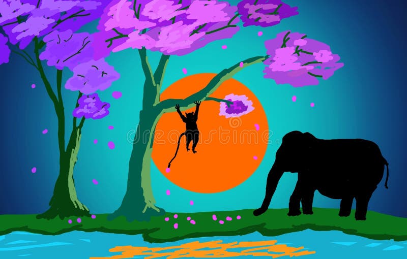Illustration of Sunrise, Spring Season and Elephant, Stock Photo ...