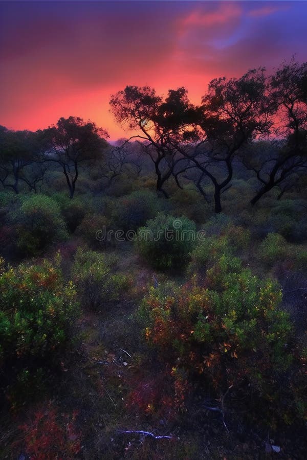 Sunset in the Australian Bushland, with Trees and Bushes Stock ...