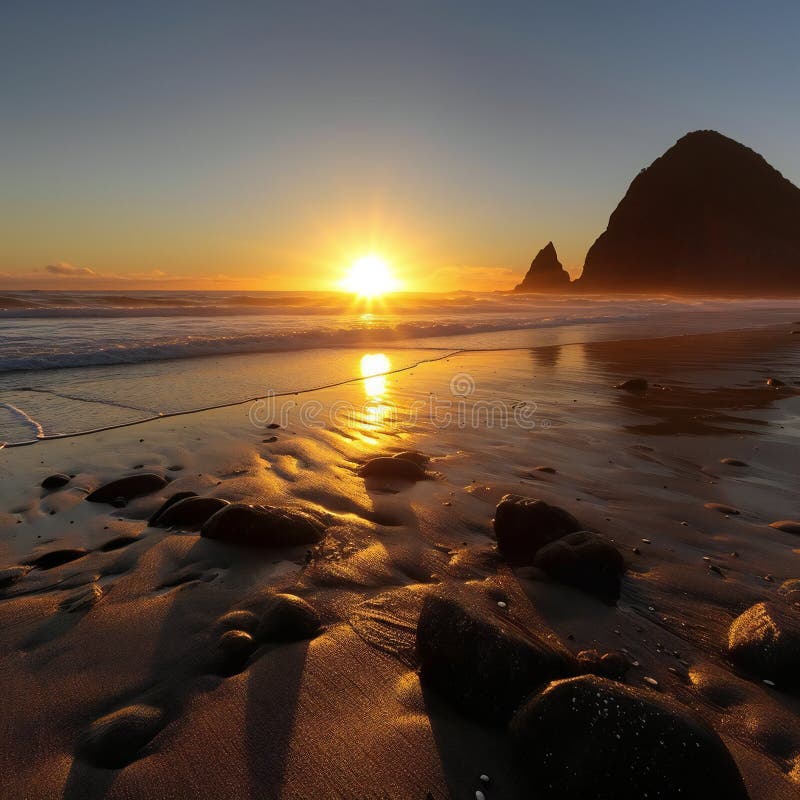 Sunset on the Beach with Rocks and Ocean Waves, Beautiful Landscape ...