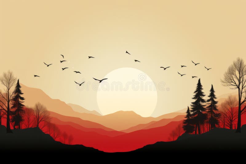 An Illustration of a Sunset with Birds Flying Over the Mountains Stock ...