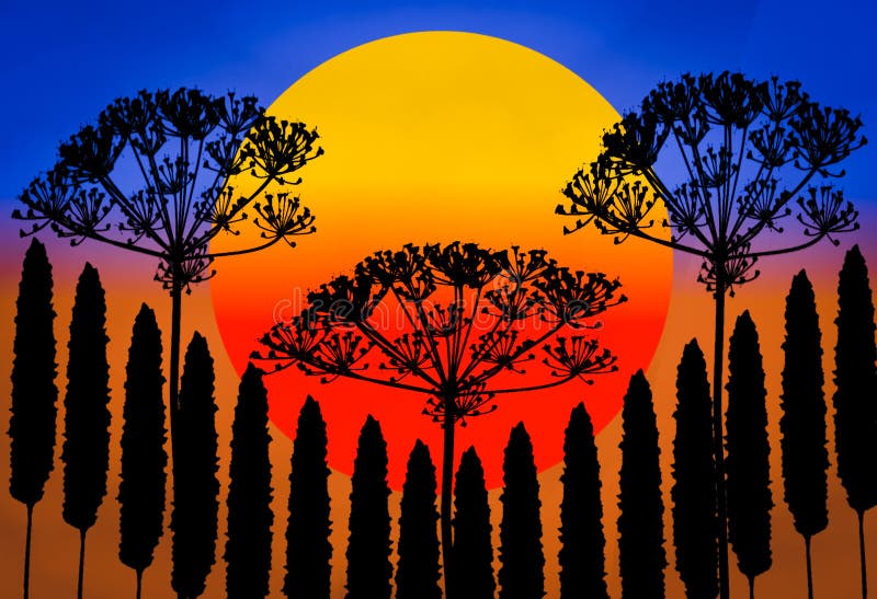 Illustration of Sunset in the Forest Abstract Blue Background Stock ...