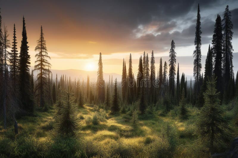 Sunset in the Forest, Digital Drawing Stock Illustration - Illustration ...