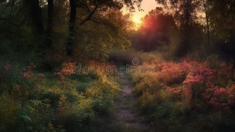 Sunset in the Forest, Landscape with a Path in the Forest Stock ...