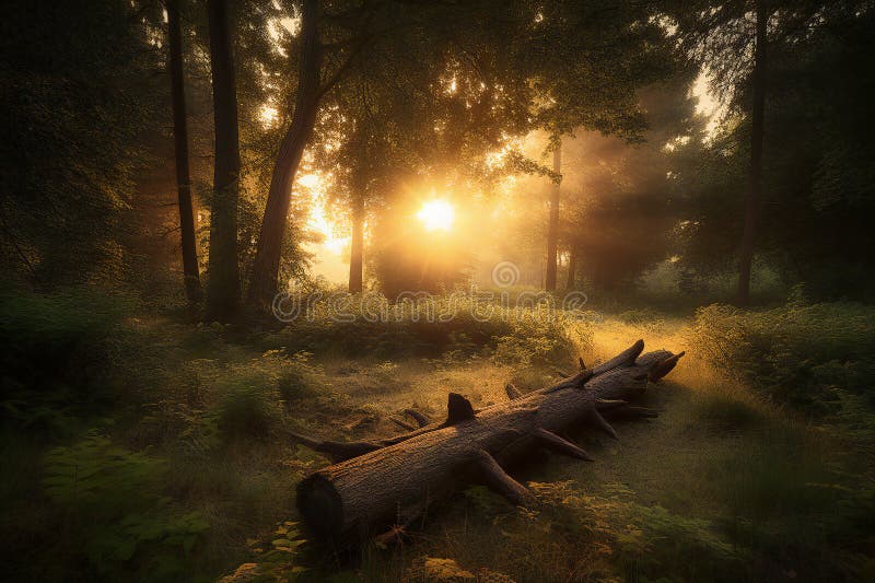 Sunset in the Forest with Sun Rays and Tree Trunks Stock Illustration ...