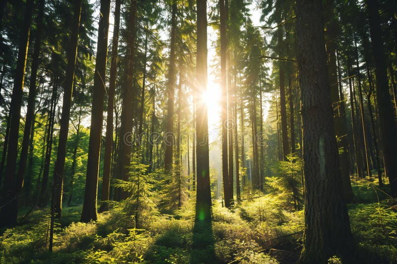 Sunset in the Forest, Sun Rays through the Trees, Summer Landscape ...