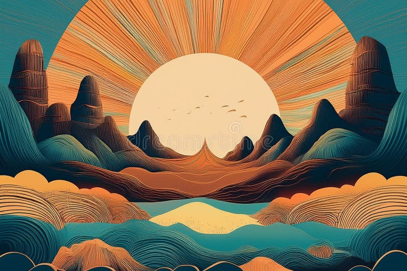 Illustration of a Sunset between Mountains Stock Illustration ...