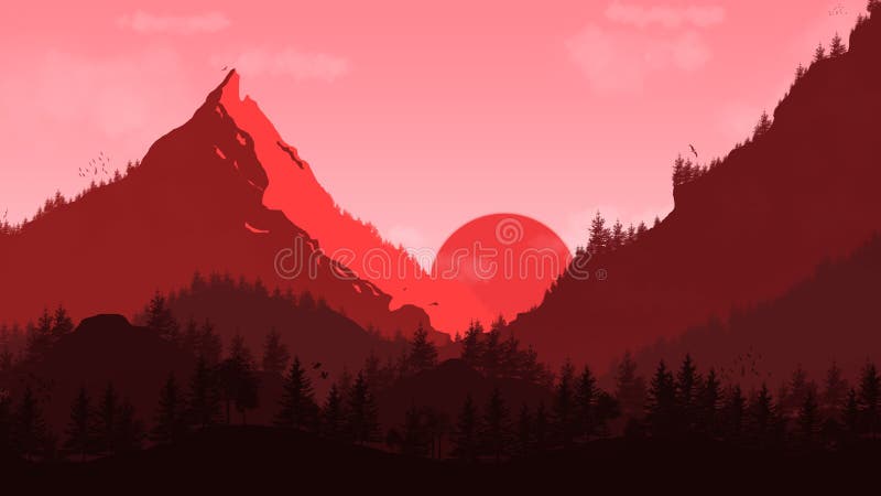 Illustration of a Sunset in the Mountains. Bright Red Sunset. Forest at ...