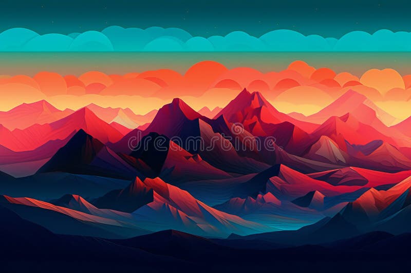 Sunset Over the Mountains, Illustration in a Flat Style Stock ...