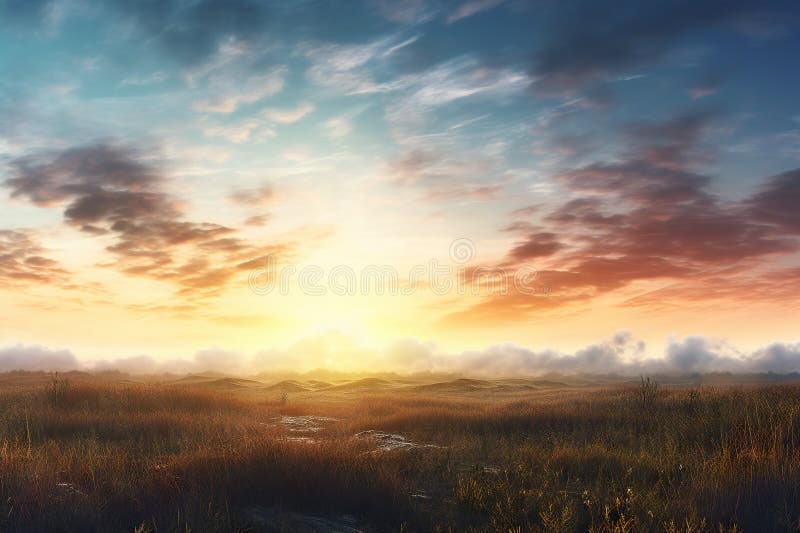 Sunset Over the Prairie, Nature Composition Stock Illustration ...