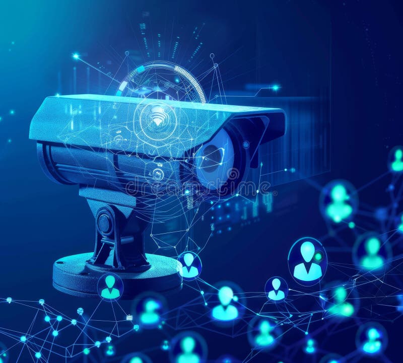 An Illustration of a Surveillance Camera in 3D with People. Technology ...