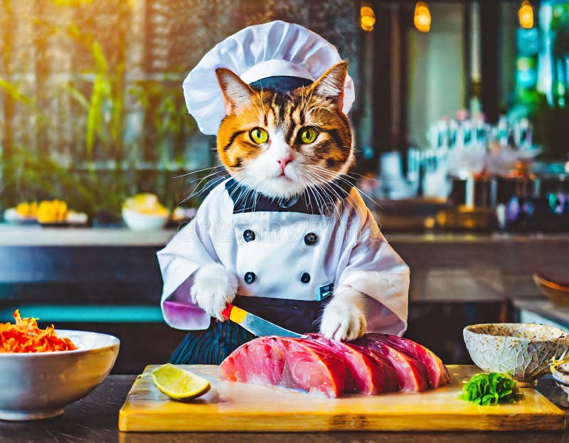 Illustration of a Tabby Cat Chef Cooking Sashimi in the Kitchen Stock ...