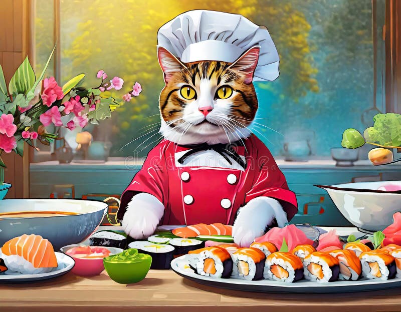 Illustration of a Tabby Cat Chef Cooking Sushi Roll in the Kitchen ...