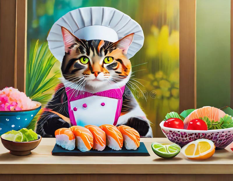 Illustration of a Tabby Cat Chef Serving Sushi Dish on the Table Stock ...