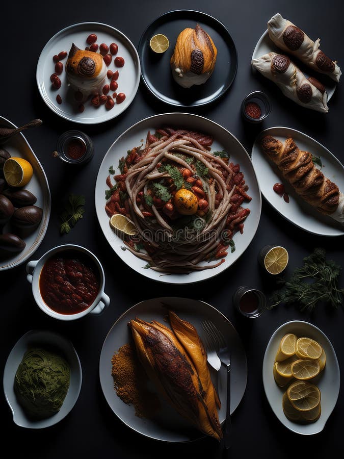 Illustration of a Table Set with a Variety of Dishes and Condiments ...