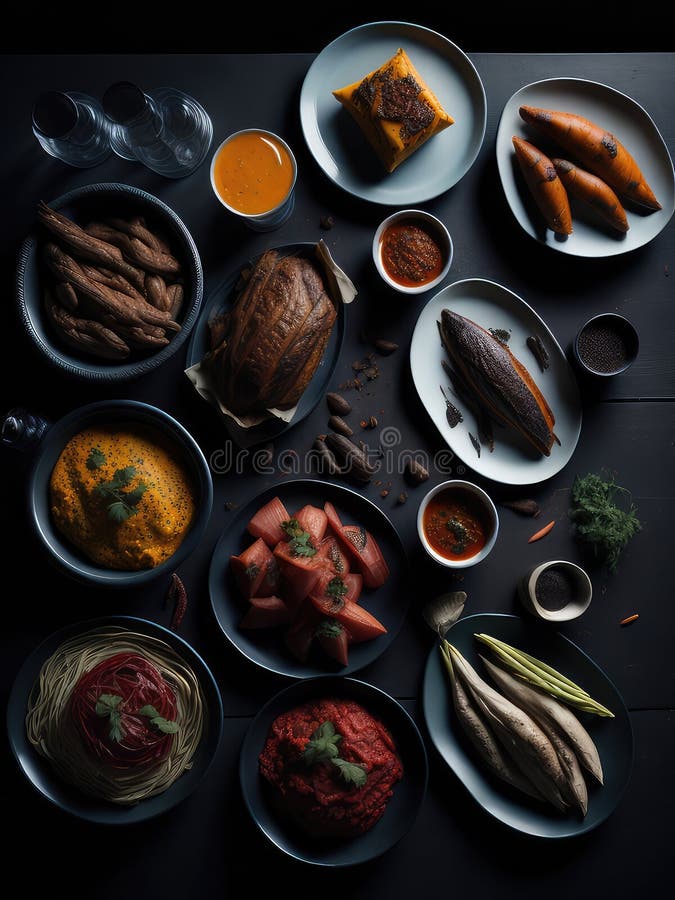 Illustration of a Table Set with a Variety of Dishes and Condiments ...