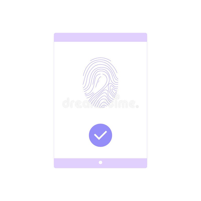 Tablet with Fingerprint Icon and Verification Checkmark. Flat Vector ...