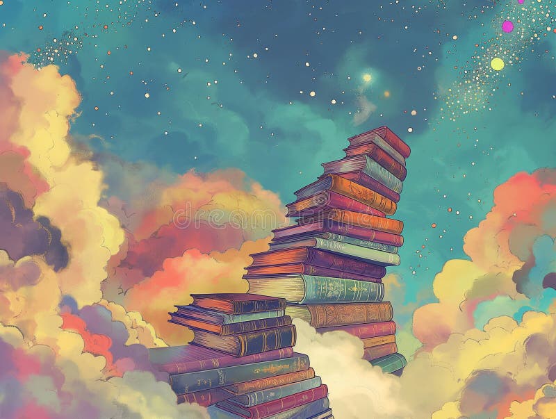Illustration of Tale Landscape with Stack of Magical Books Stock ...