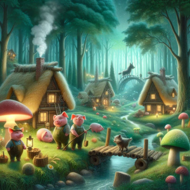 An Illustration of the Tale of the Wolf and the Three Little Pigs Stock ...