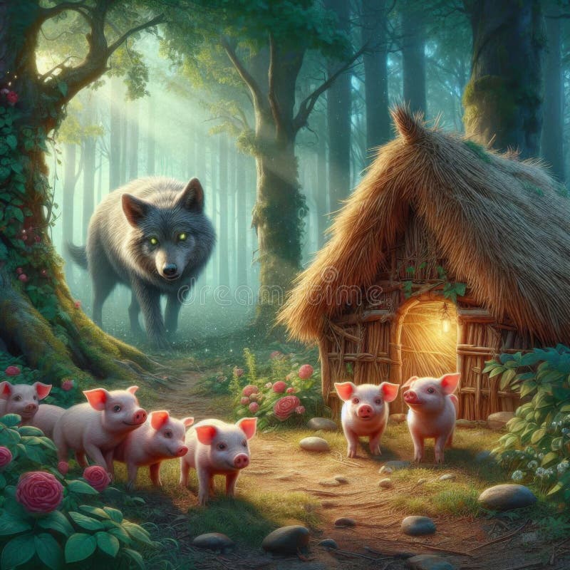 An Illustration of the Tale of the Wolf and the Three Little Pigs Stock ...