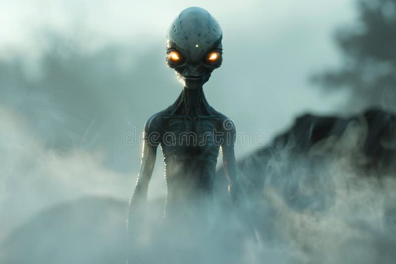 A Tall Grey Alien with Glowing Eyes Standing in Fog, Full Body Stock ...
