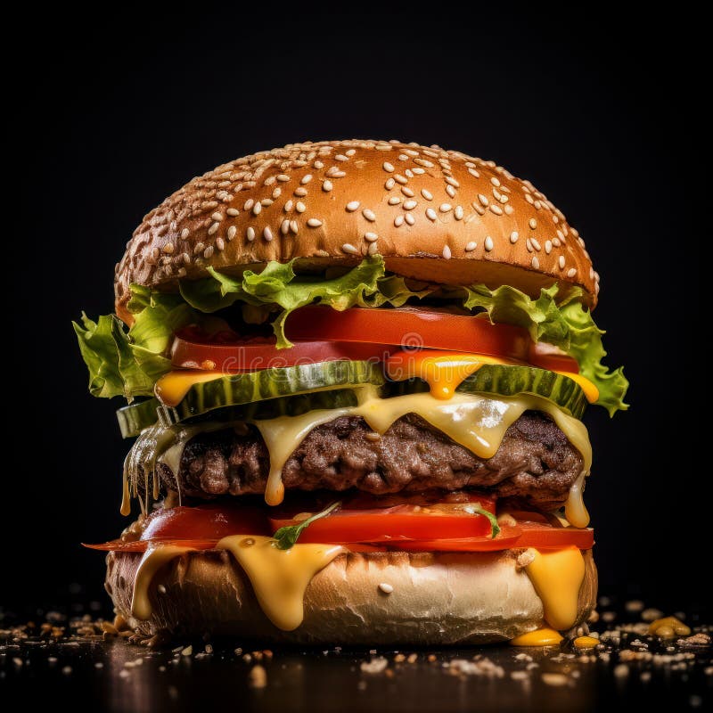 Illustration of a Tall Yummy Cheeseburger Against Black Background ...