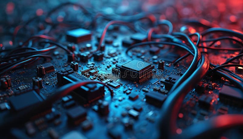 Illustration of Tangled Cables on Circuit Board, Microchips. Glowing ...