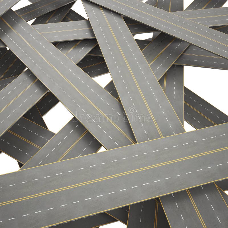 Tangled, Crowded, Chaotic Roads and Traffic Signs. 3D Illustration ...