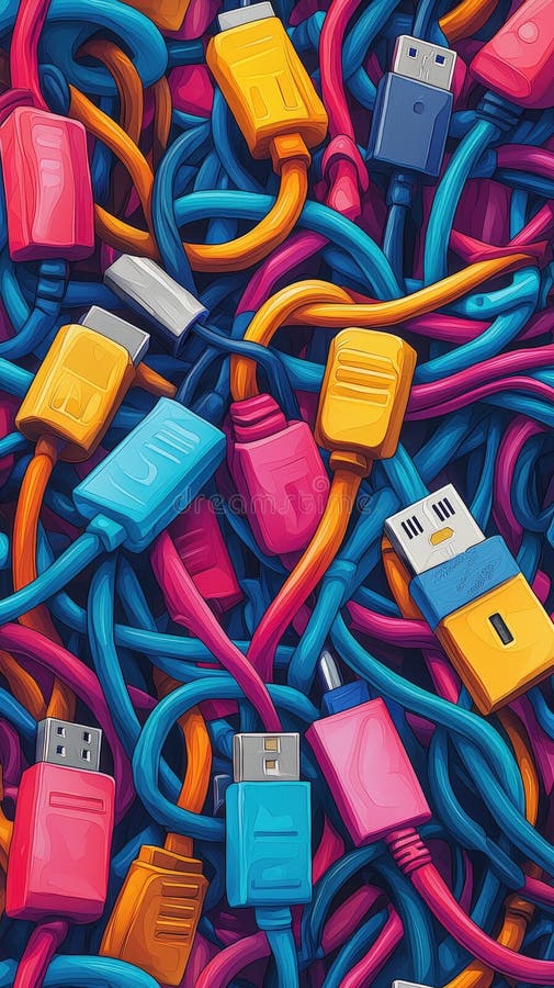 Illustration of Tangled USB and Charging Cables in Vibrant Colors Stock ...