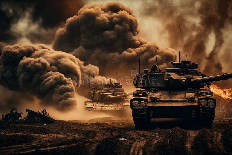 Tanks in a Fierce Battle with Fire and Smoke, Representing the ...
