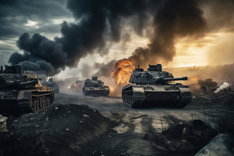 Tanks in a Fierce Battle with Fire and Smoke, Representing the ...