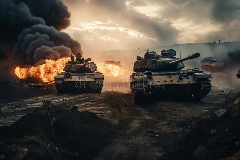 Tanks in a Fierce Battle with Fire and Smoke, Representing the ...