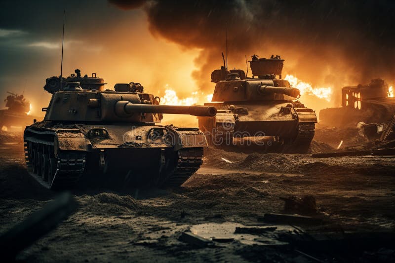Tanks in a Fierce Battle with Fire and Smoke, Representing the ...