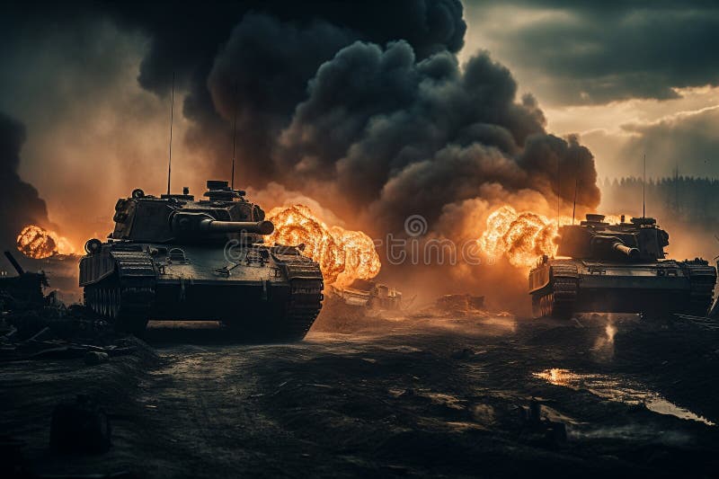 Tanks in a Fierce Battle with Fire and Smoke, Representing the ...