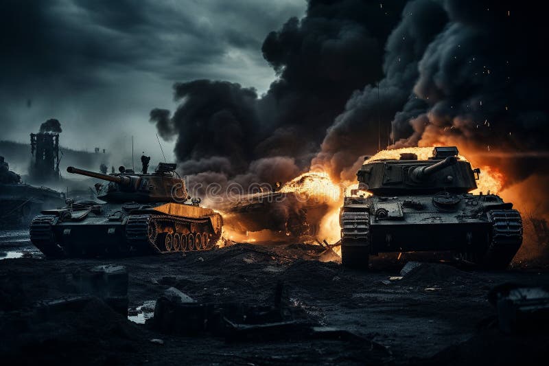 Tanks in a Fierce Battle with Fire and Smoke, Representing the ...