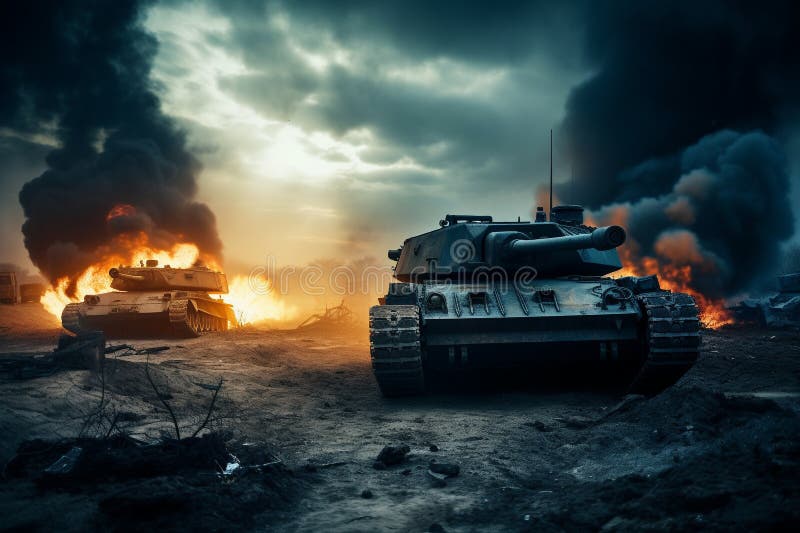 Tanks in a Fierce Battle with Fire and Smoke, Representing the ...
